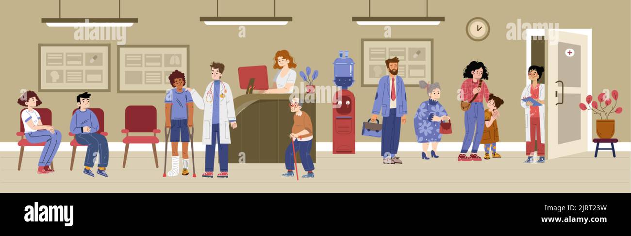 Hospital hall with people waiting in queue, doctors, reception desk and ...