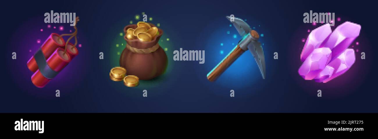 Game props icons dynamite, golden coins in sack, pickaxe and pink ...