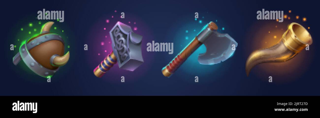 Viking helmet, nordic weapons and bugle horn for game ui design. Vector ...