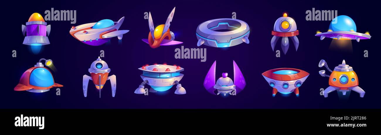 Alien spaceship game icons vector set. Funny rockets, ufo shuttles ...