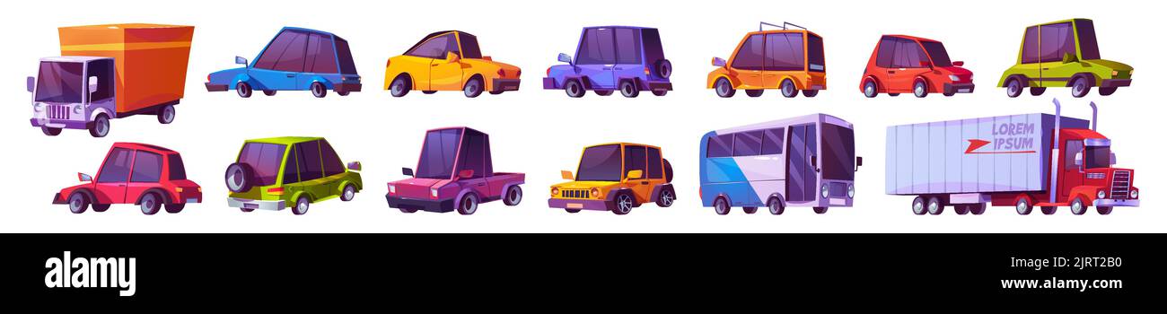 Cartoon cars set, modern automobiles, bus, freight truck, lorry ...