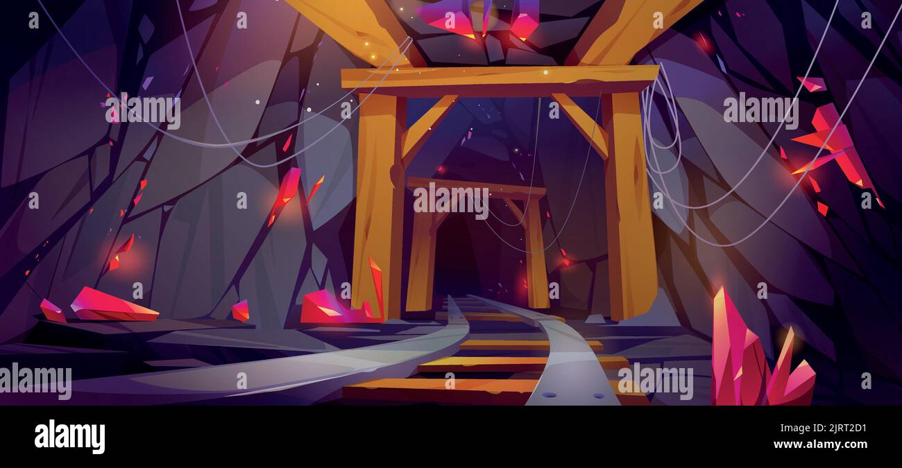 Mine tunnel, underground shaft with ruby deposit. Vector cartoon ...