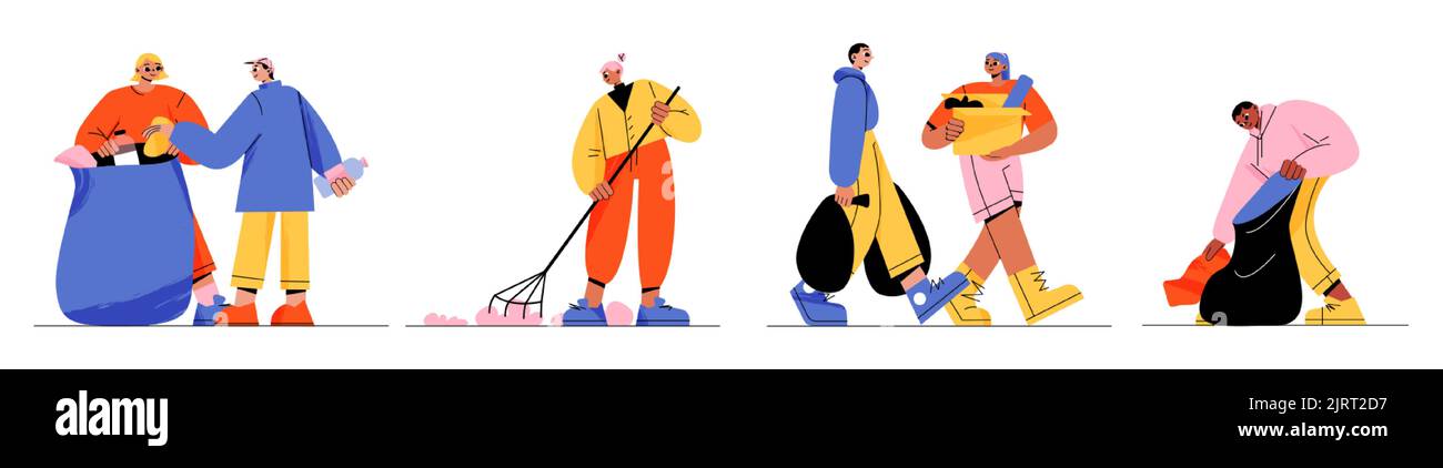 People collect trash, volunteers characters clean up rubbish and ...