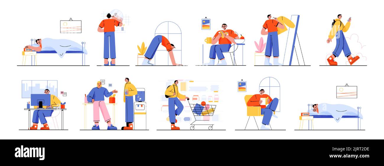 Man routine, daily life, schedule habits set. Male character sleep ...