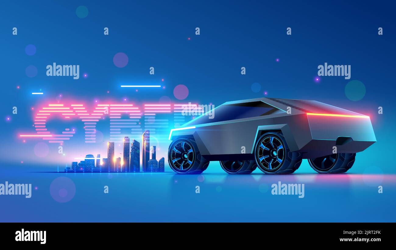 Futuristic car. Silver cyber car stands against background of ...