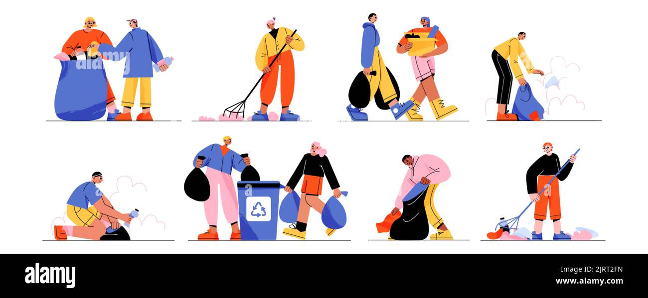 People collect trash, volunteers characters clean up rubbish and ...