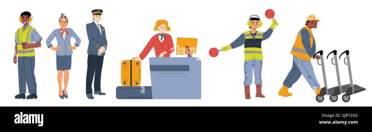 Airport personnel flat characters set. Vector illustration of dispatcher, stewardess, pilot and ...