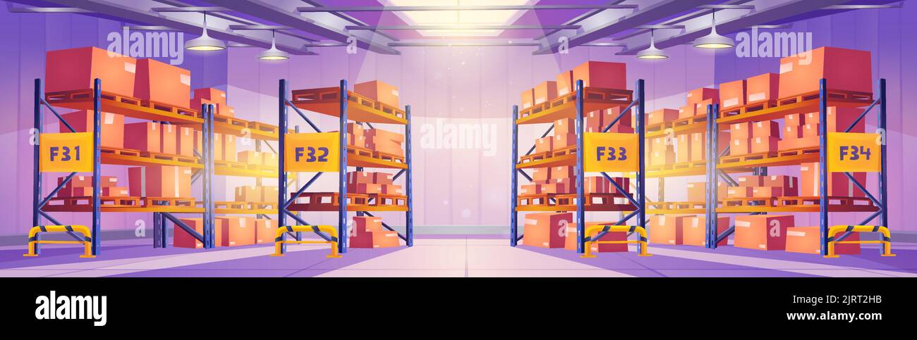 Warehouse interior storehouse inner view, racks filled with boxes on ...