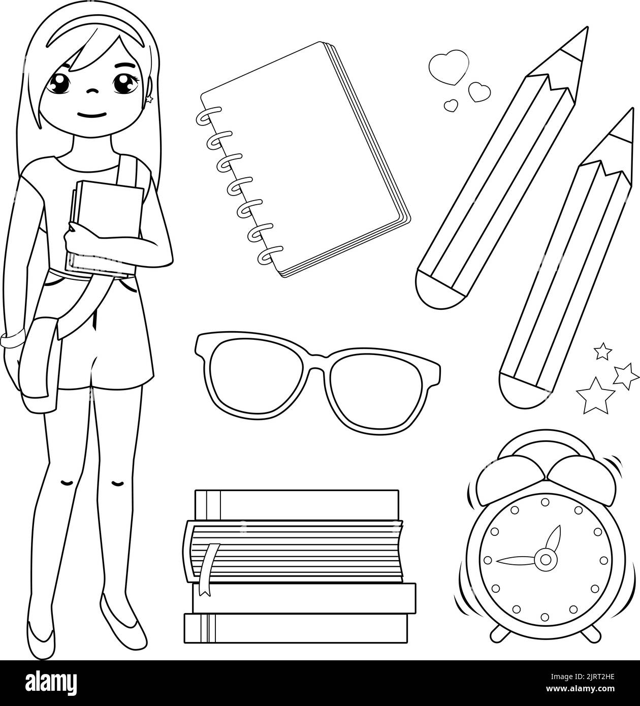 Student girl and set of school objects. Vector black and white coloring ...