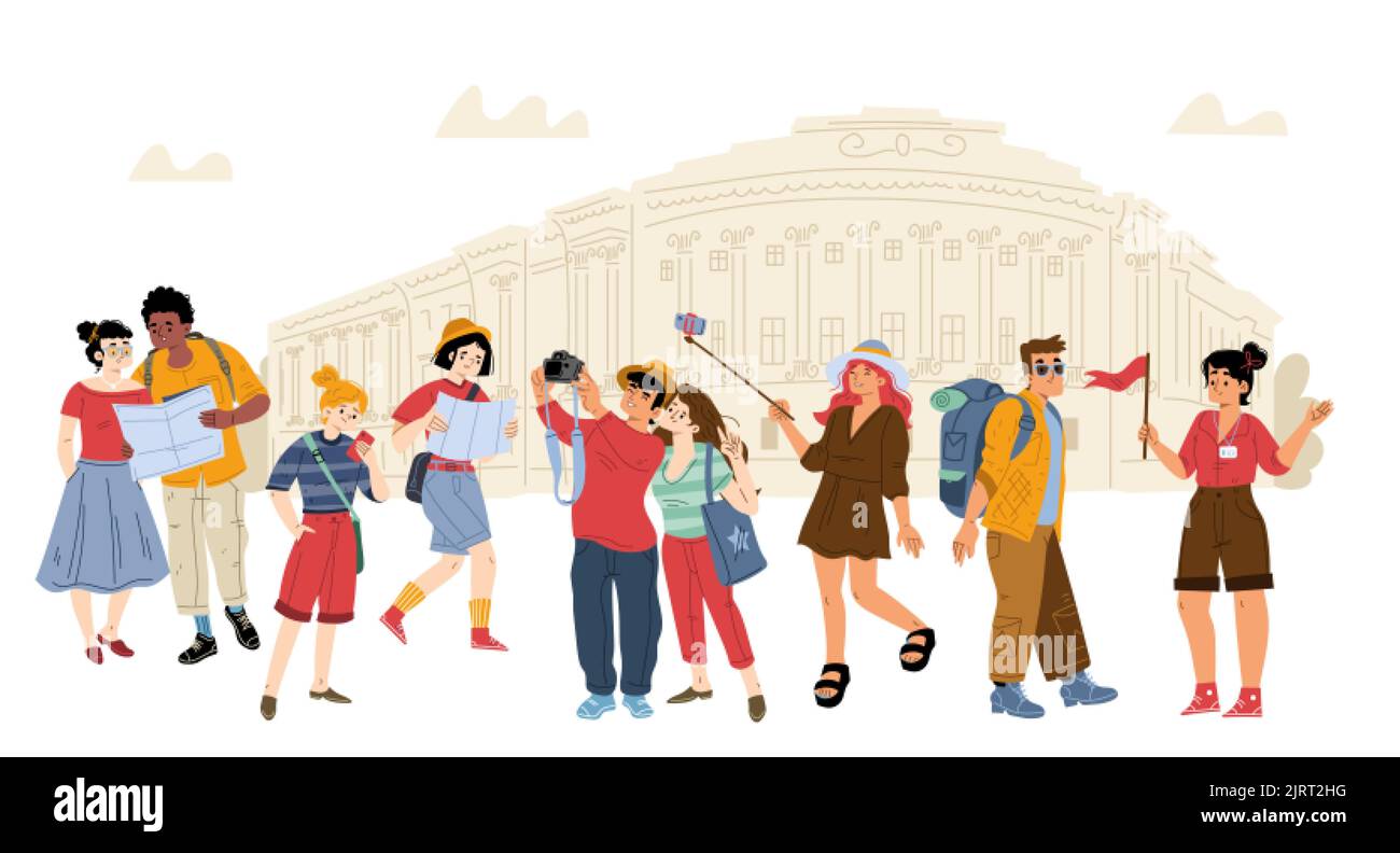 Tourists travel, excursion with guide. People group with backpacks, map ...