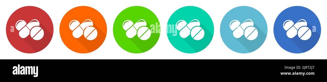 Medicine icon set, flat design vector illustration in 6 colors options ...