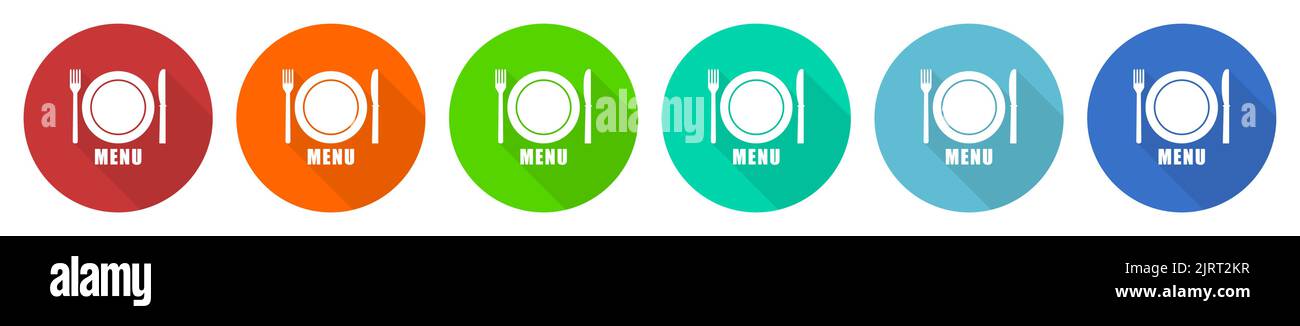 Menu icon set, flat design vector illustration in 6 colors options for ...