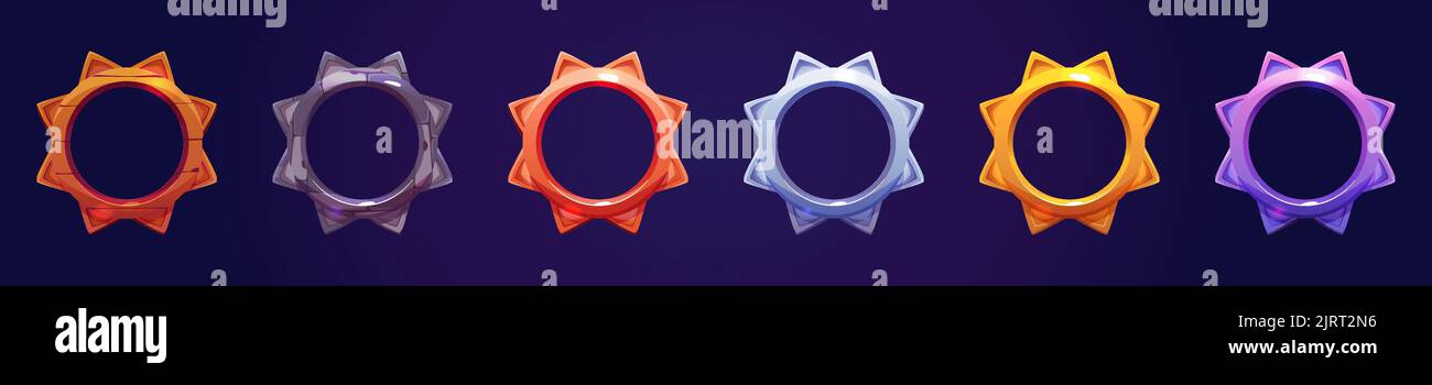 Circle game frames, ui rank or avatar round borders. Wooden, metal ...