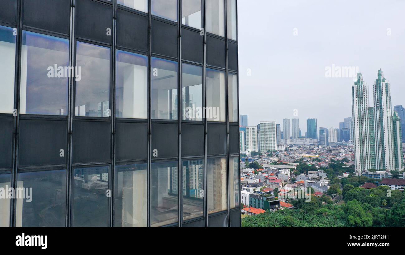 Commercial building close up to window. Exterior of modern dark house ...
