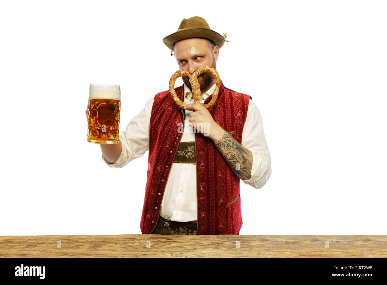Portrait of young man wearing traditional Bavarian or German clothes ...