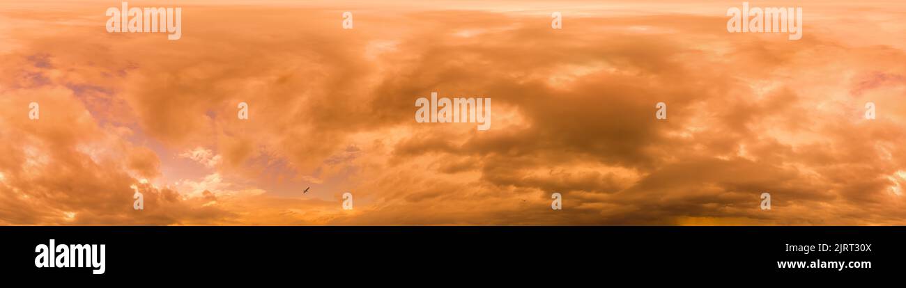 Golden glowing red orange overcast sunset sky panorama. Hdr seamless ...