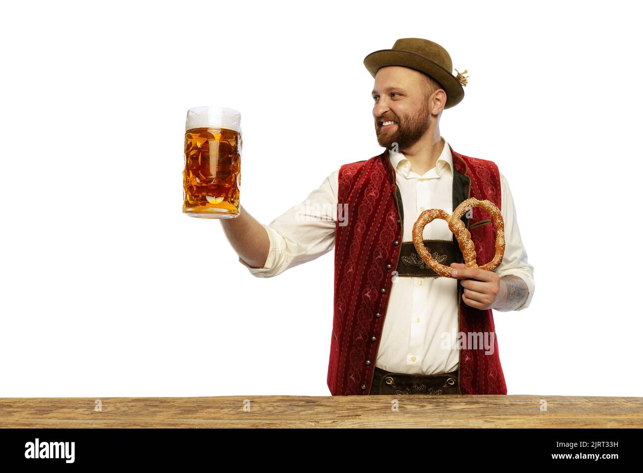 Portrait of young man wearing traditional Bavarian or German clothes ...