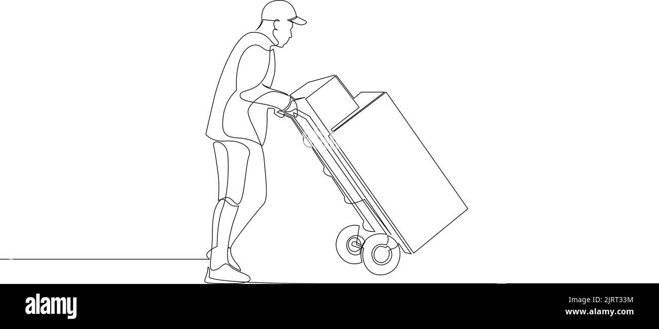 Delivery man carrying cardboard boxes on a trolley. Delivery service ...