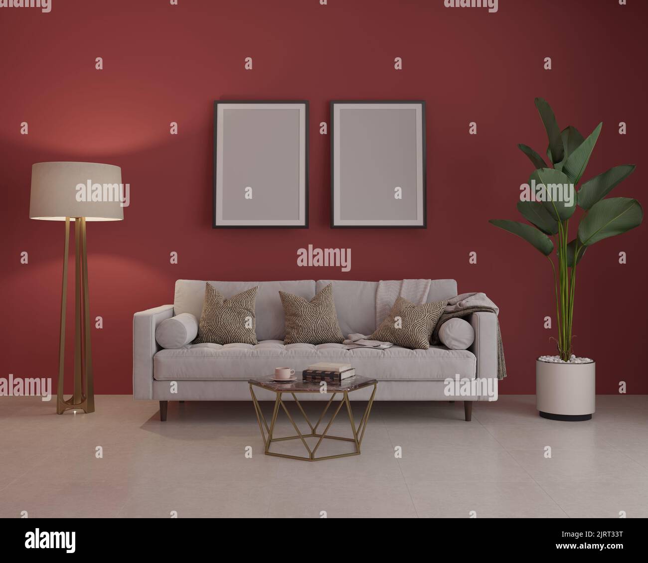 stylish room in light red colors with sofa, floor lamp, blank picture ...