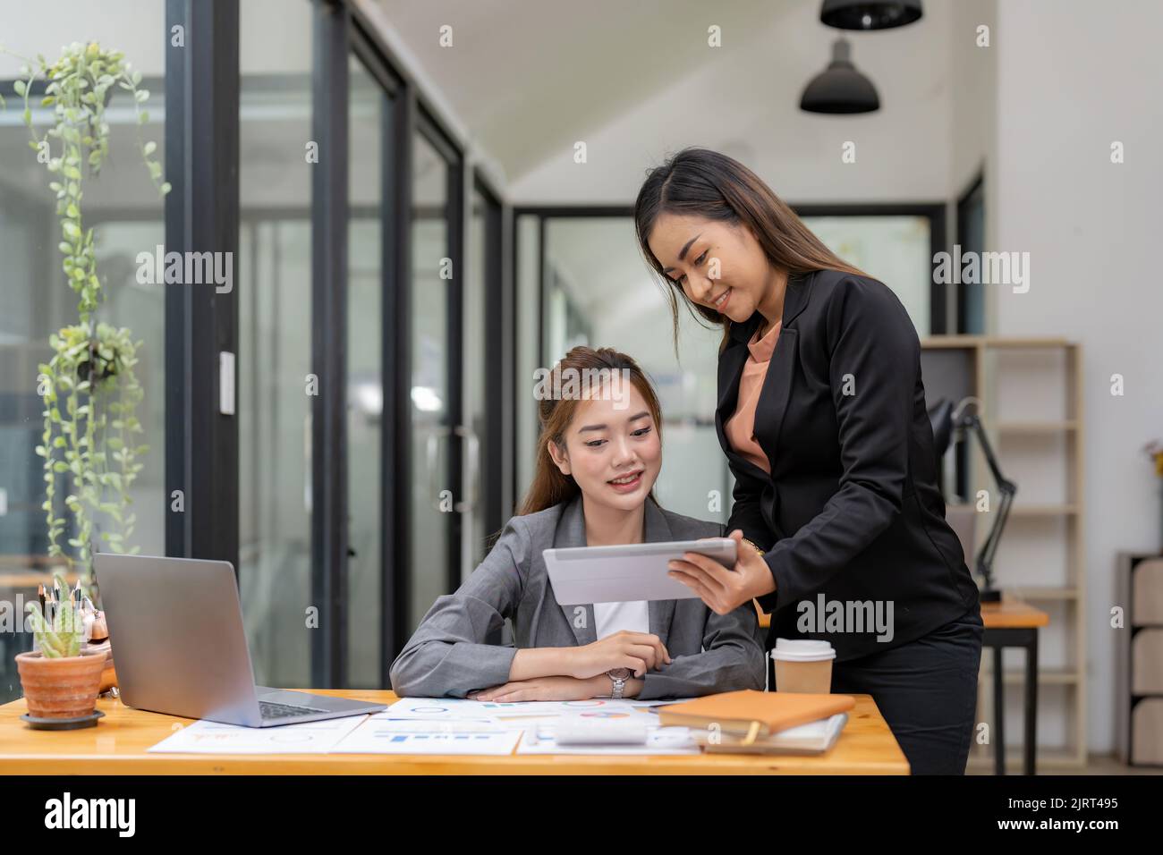 Asian business woman adviser talk, consult, discuss working with new startup project idea ...