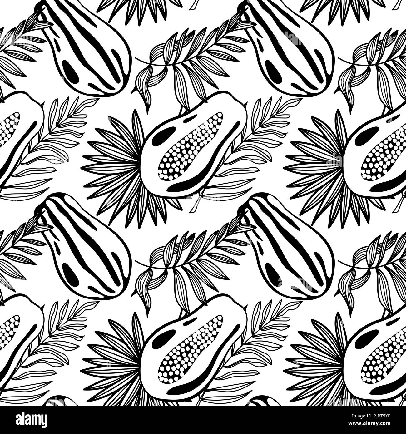 Seamless pattern of papaya and tropical leaves, hand-drawn doodle ...
