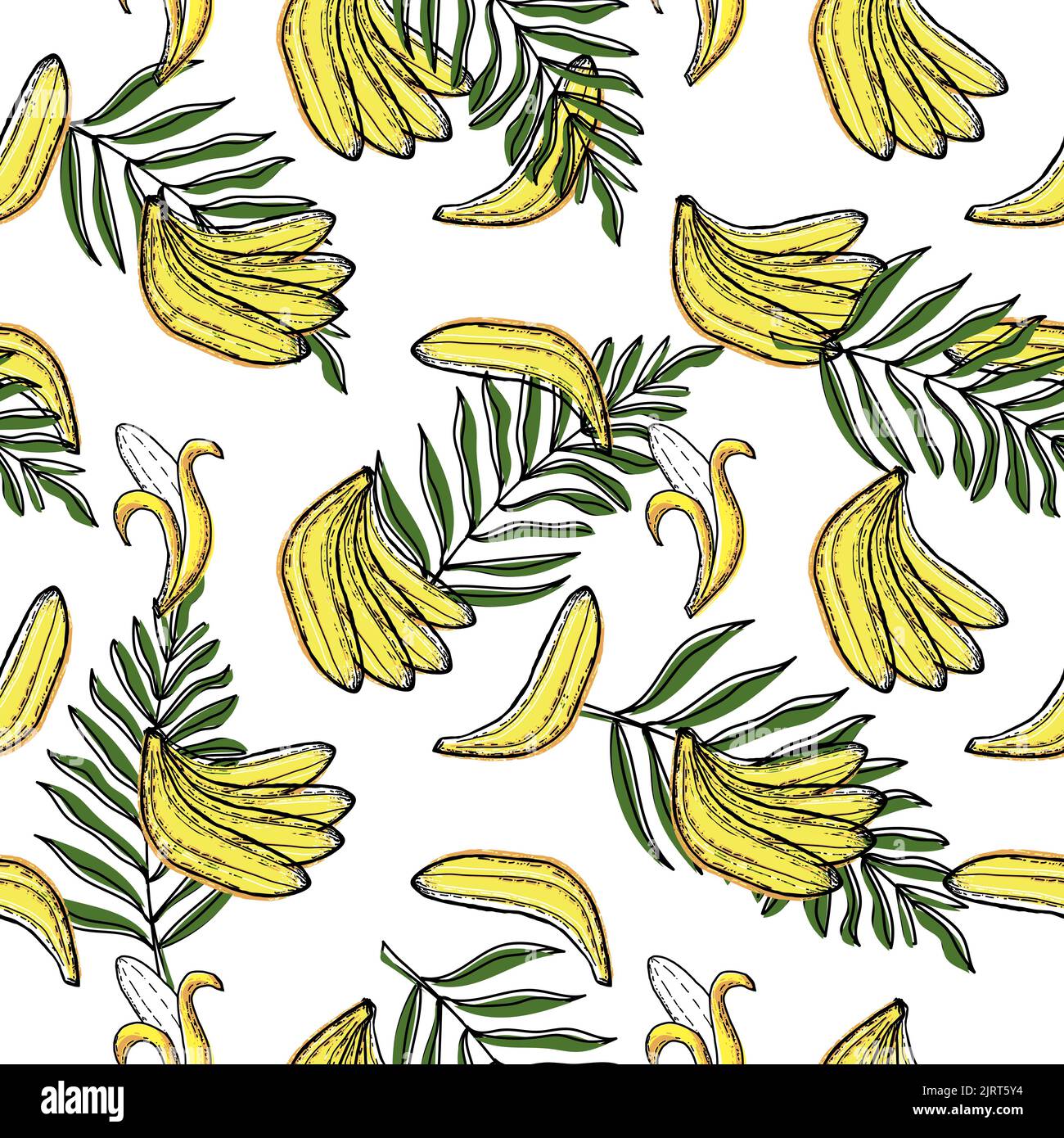 A seamless pattern of bananas and tropical leaves, hand-drawn doodle ...
