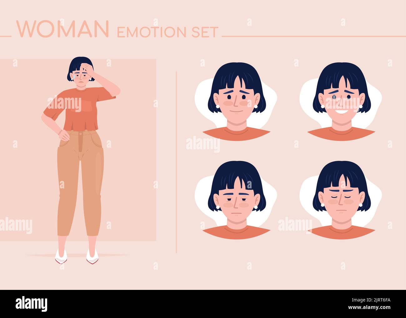 Ashamed young woman semi flat color character emotions set Stock Vector ...