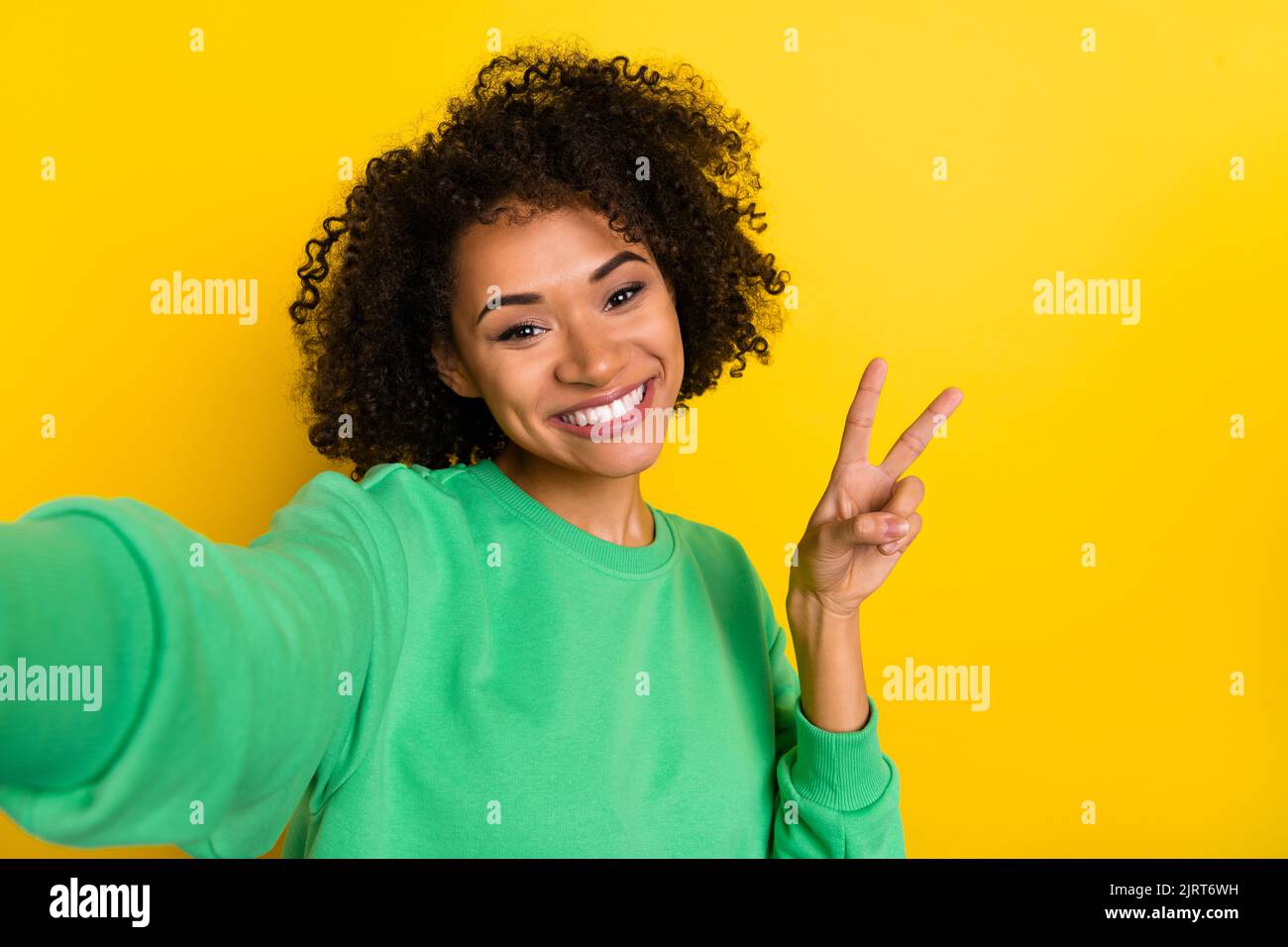 Portrait of funny pretty person take selfie hand fingers demonstrate v ...