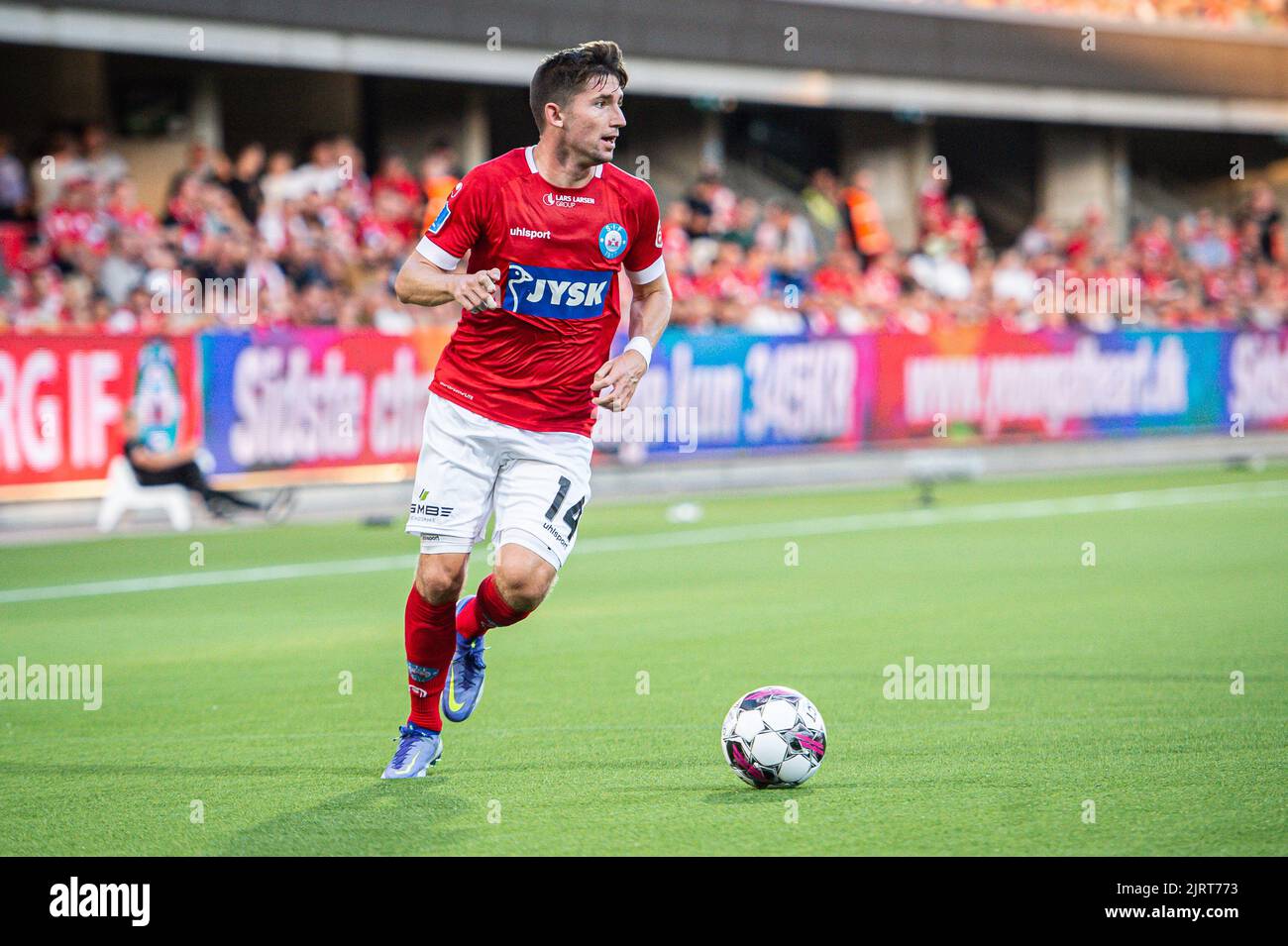 Silkeborg, Denmark. 25th Aug, 2022. Mark Brink (14) of Silkeborg IF ...