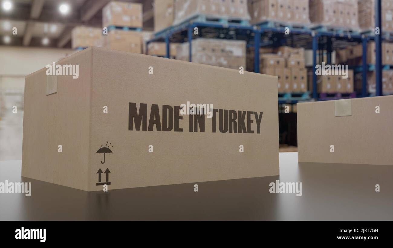 Boxes with MADE IN TURKEY text on conveyor. 3d illustration Stock Photo ...