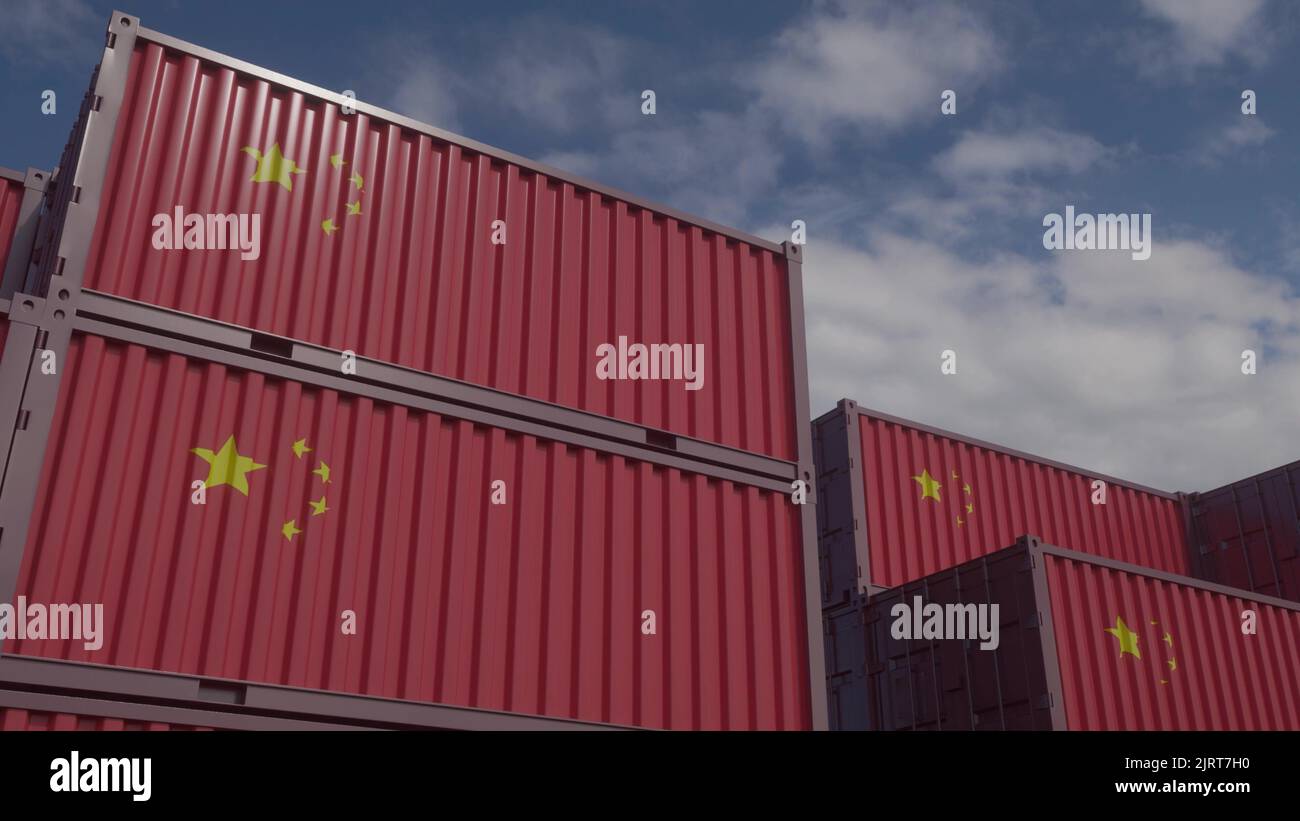 China flag containers are located at the container terminal. Concept ...