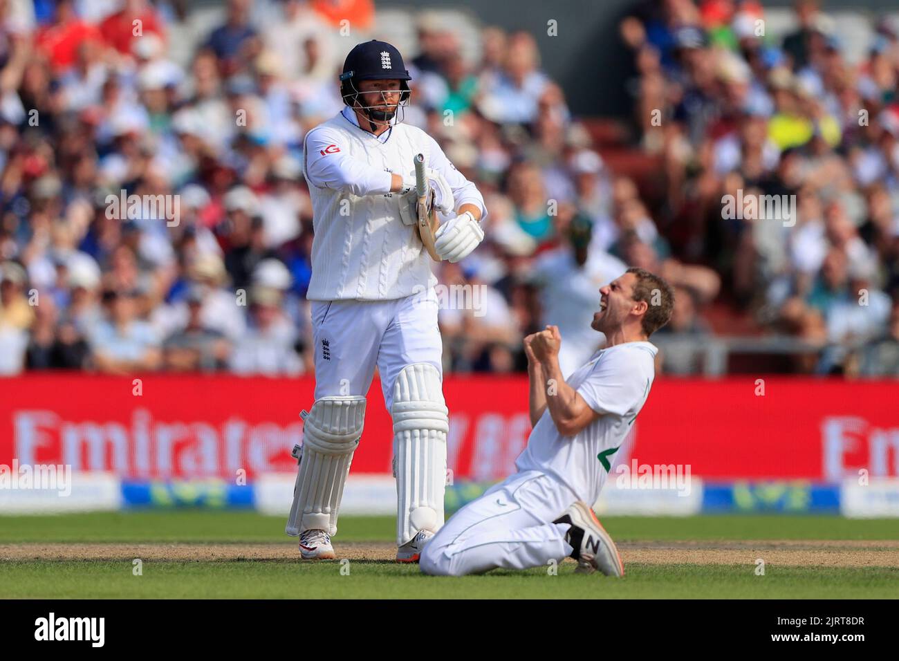 Anrich Nortje of South Africa celebrates taking the wicket of Jonny ...
