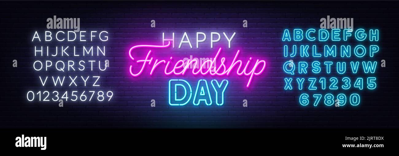 Happy Friendship Day neon lettering on brick wall background Stock ...