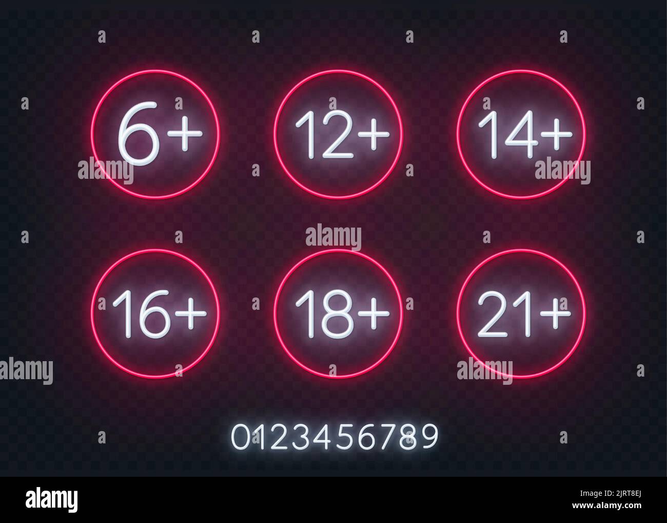 Neon sign of age limit 6, 12, 14,16,18 and 21 plus on a transparent ...