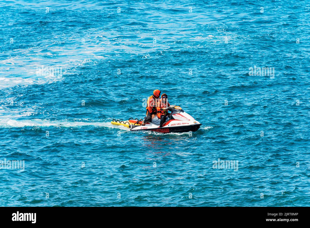 Patrol of Italian lifeguards of firefighters (Vigili del Fuoco) aboard ...