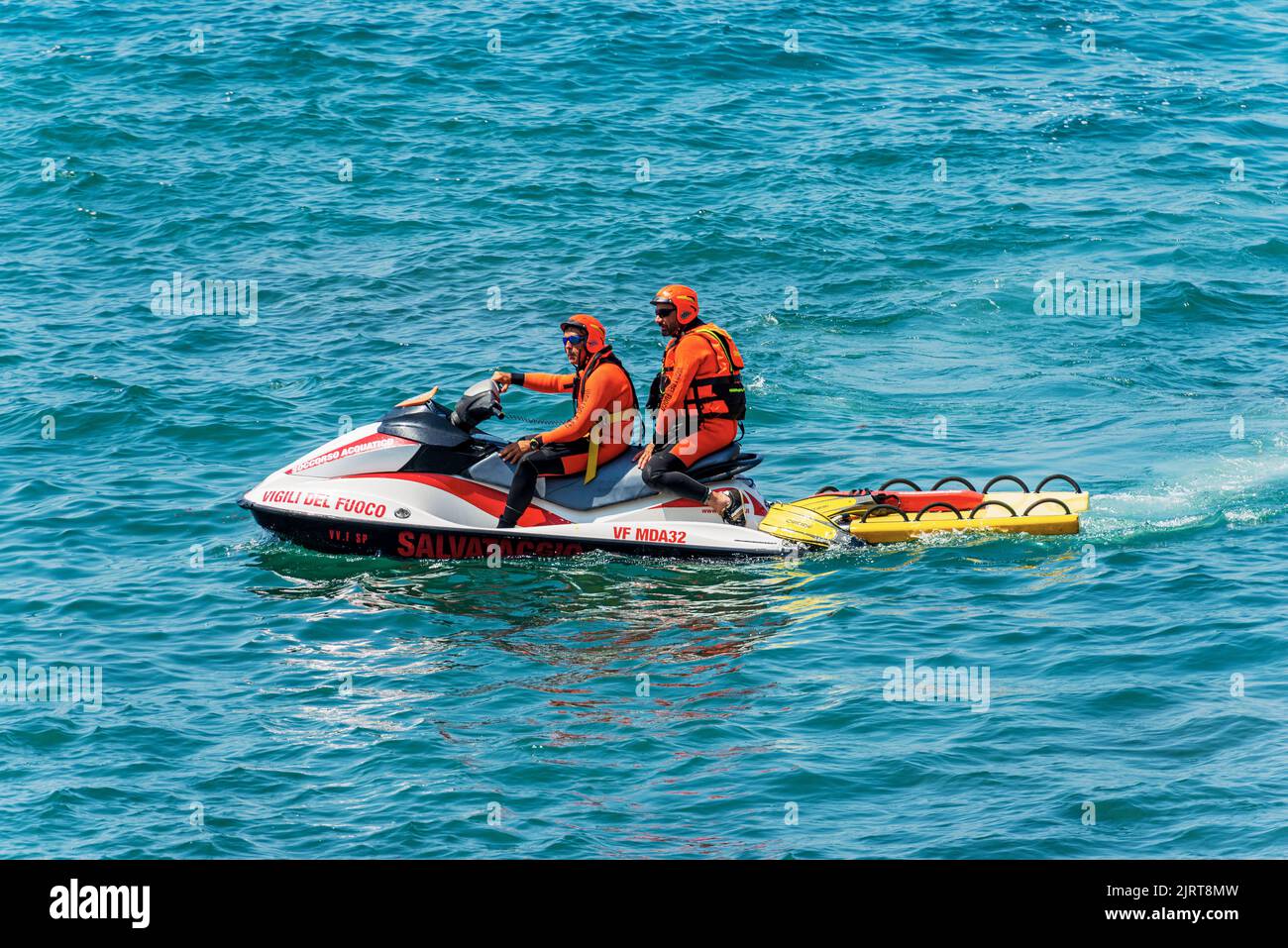 Patrol of Italian lifeguards of firefighters (Vigili del Fuoco) aboard ...