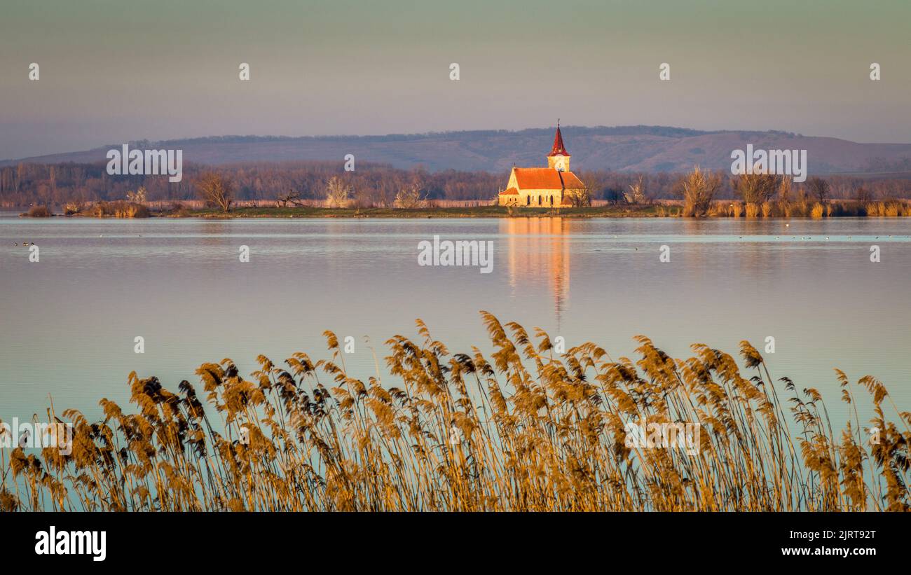 Lake Musov with dominant Church of St. Linhart at sunset. HD wallpaper ...