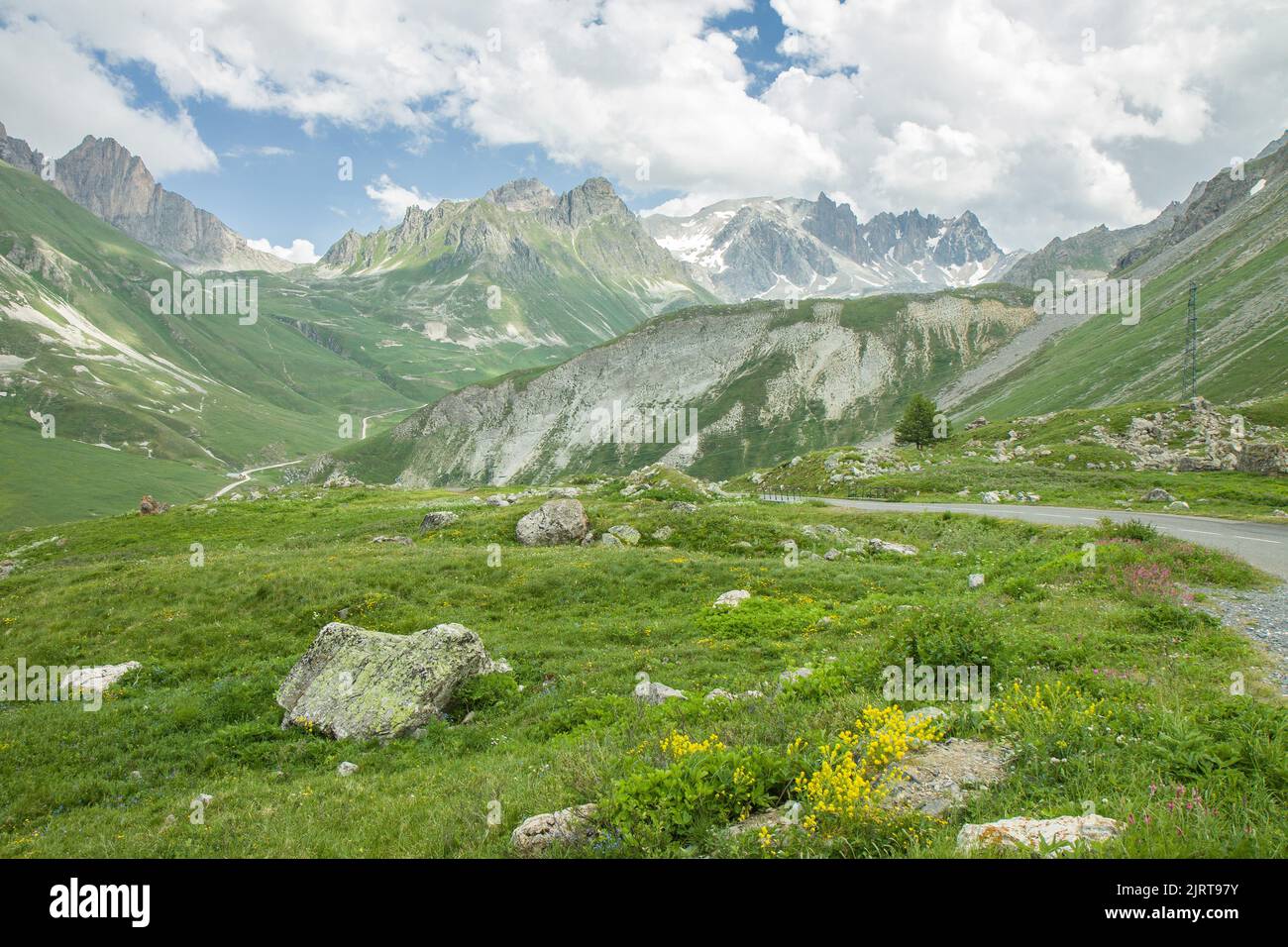 The beautiful panoramic view of Col du Galibier mountain pass, France ...