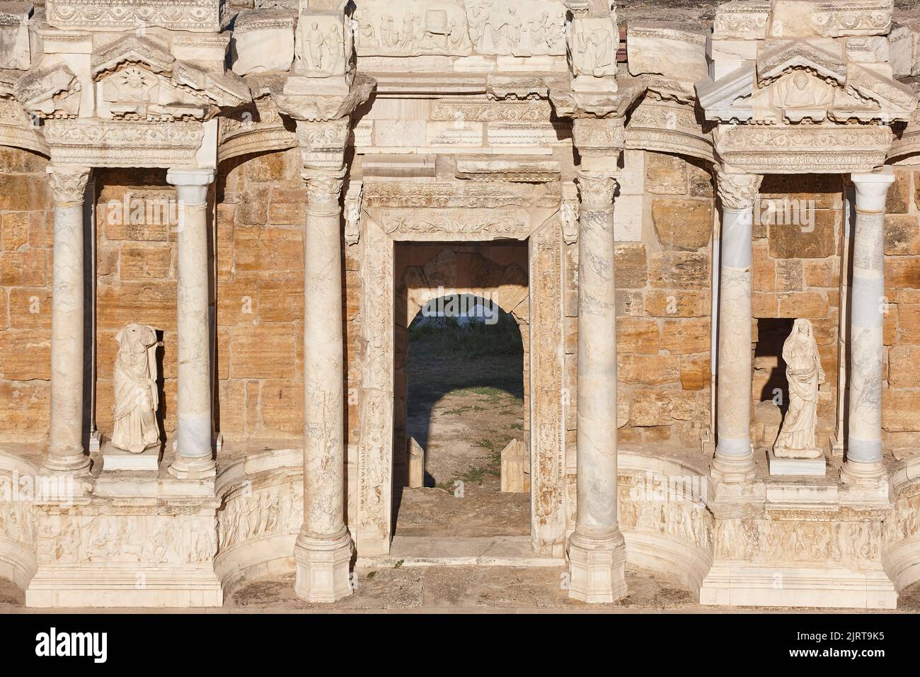Amphitheatre classic columns in Hierapolis archeology site. Pamukkale ...