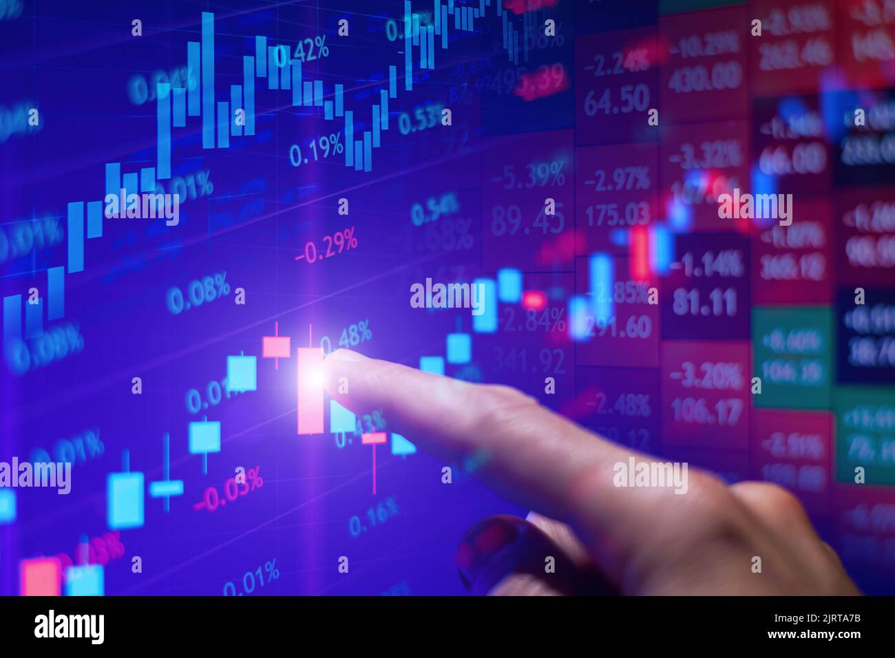 The trader points his finger at the Rising stock chart on the monitor ...