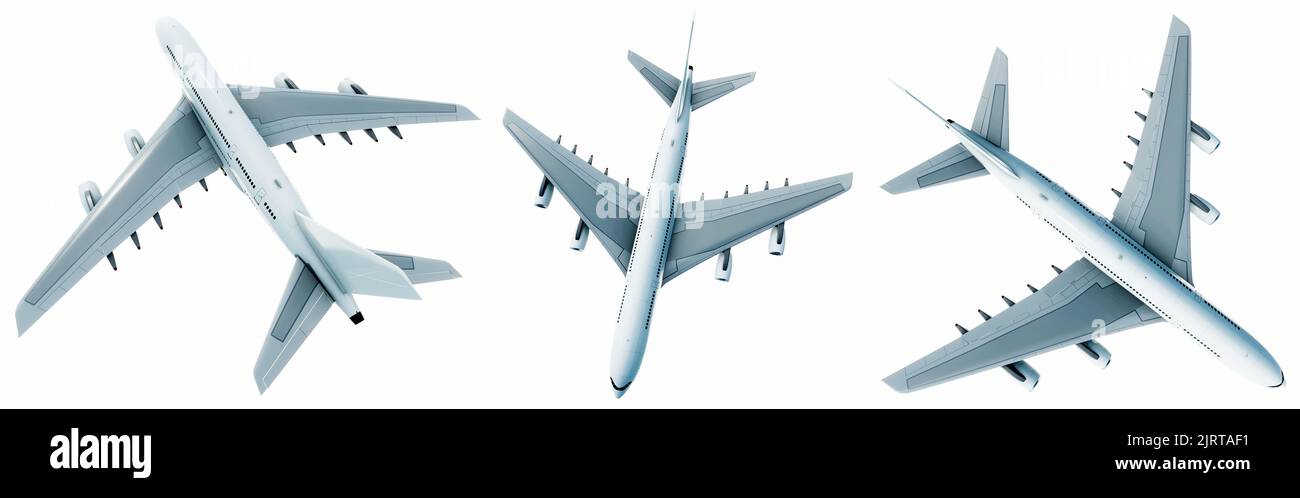Conceptual set of three flying white passenger jetliner or commercial ...