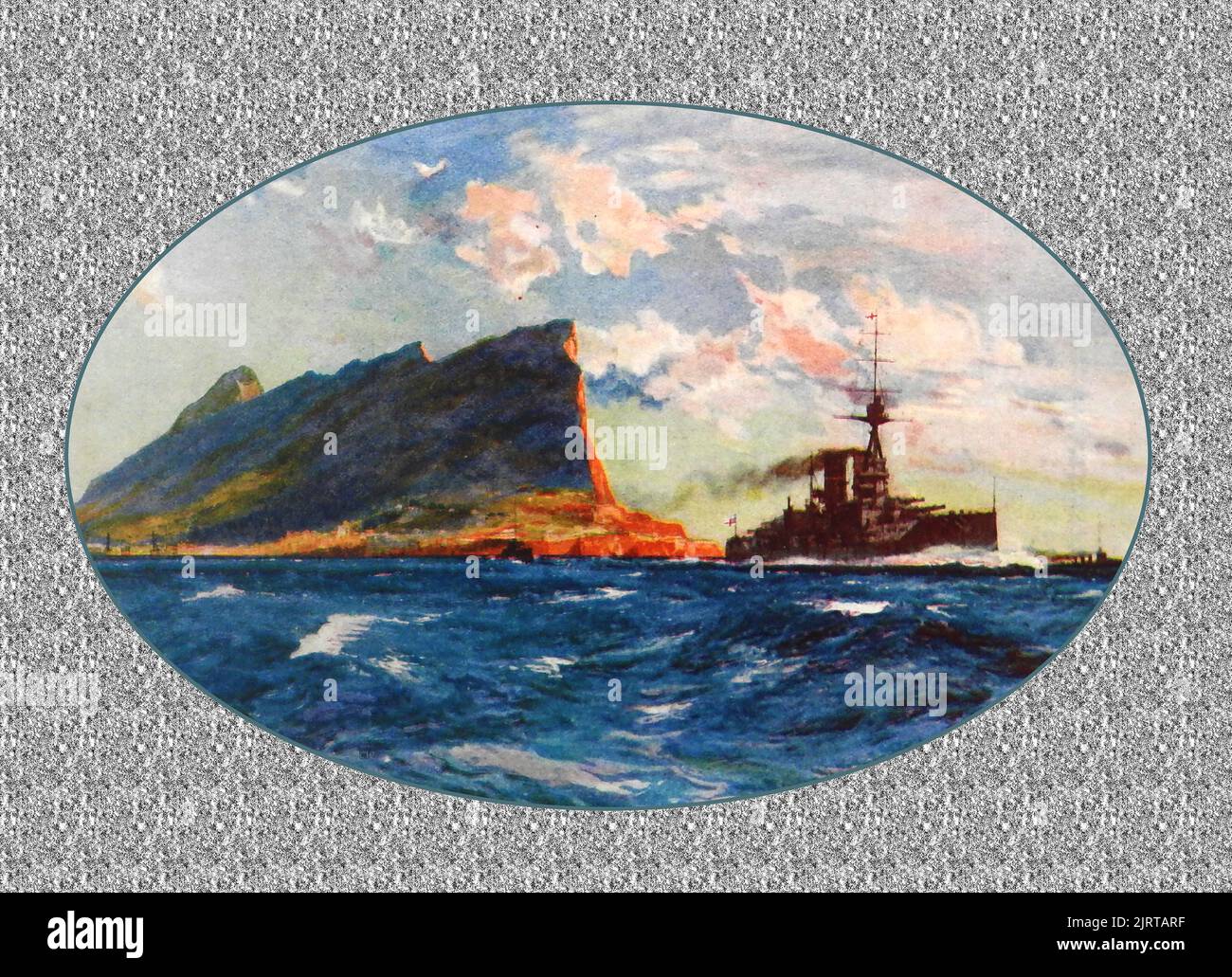 A vintage British illustration of the Queen Elizabeth warship, off ...