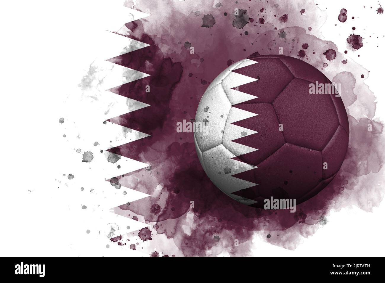 A soccer ball with the flag of Qatar depicted on a watercolor ...