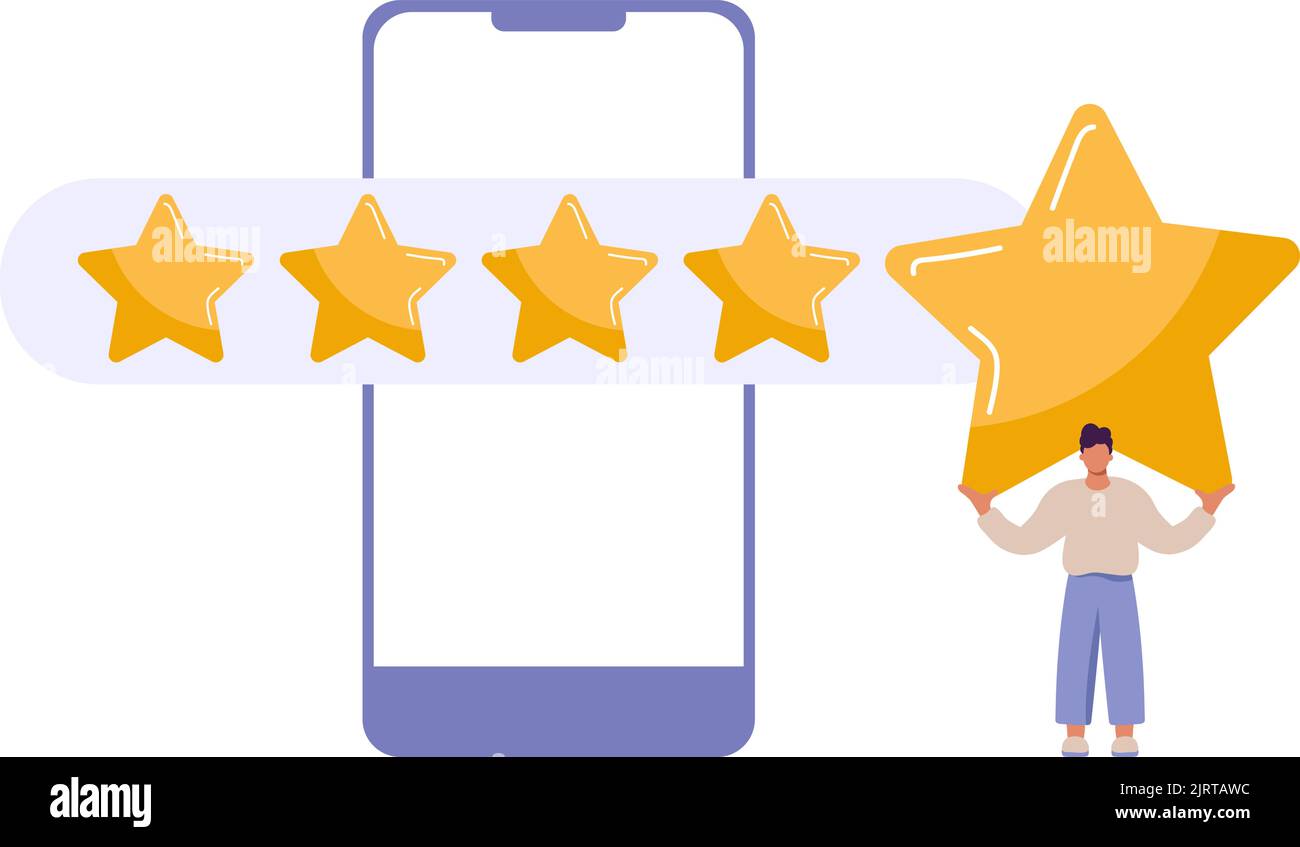 Man satisfied customer give rating 5 stars on smartphone. People ...