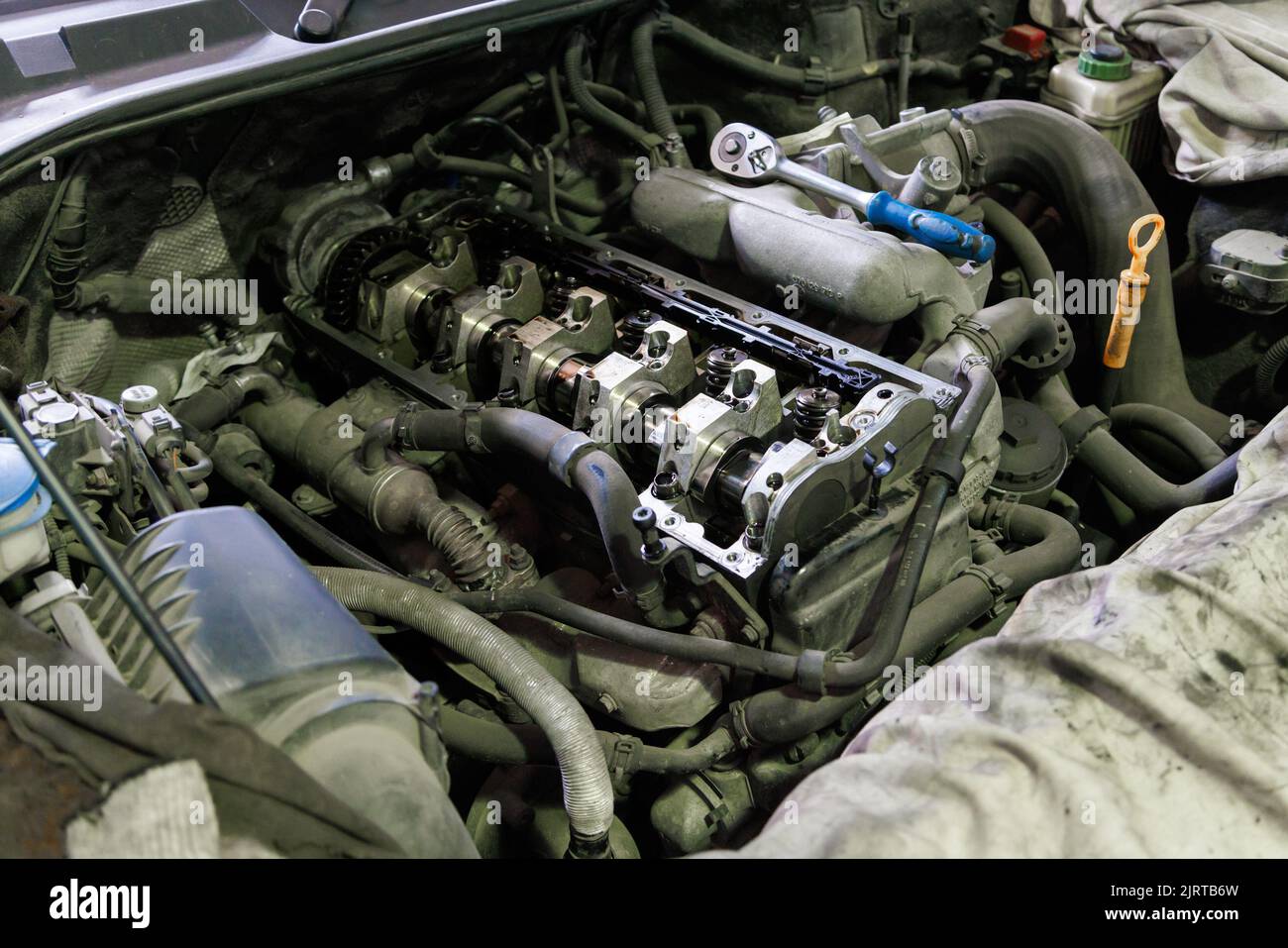 opened diesel internal combustion engine durnig repair inside engine ...