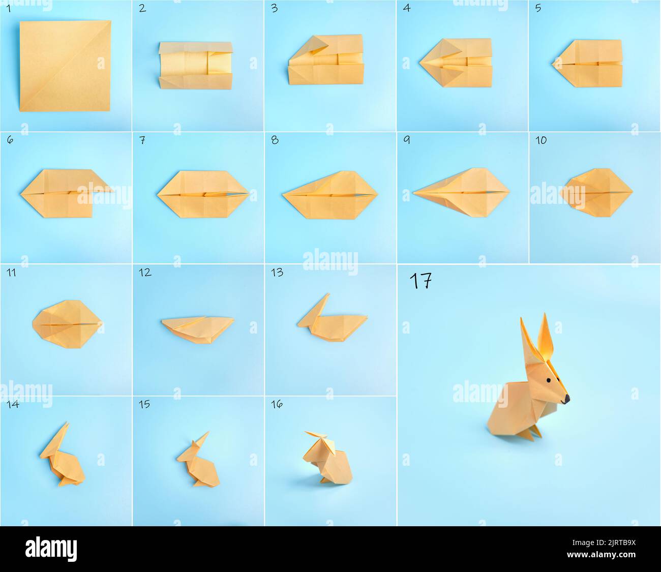 Origami Bunny. Step-by-step photo instruction on a blue background ...