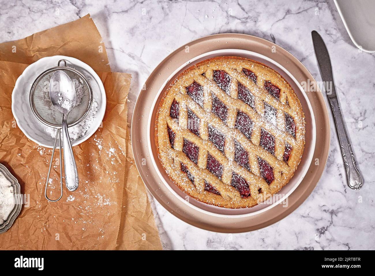 Top view of pie called 'Linzer Torte', a traditional Austrian shortcake ...