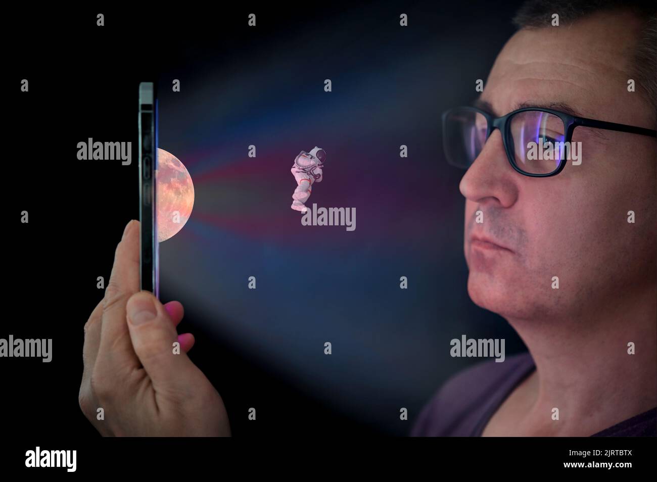 Abstract Man Watching Movie On Phone and Astronaut coming out of ...