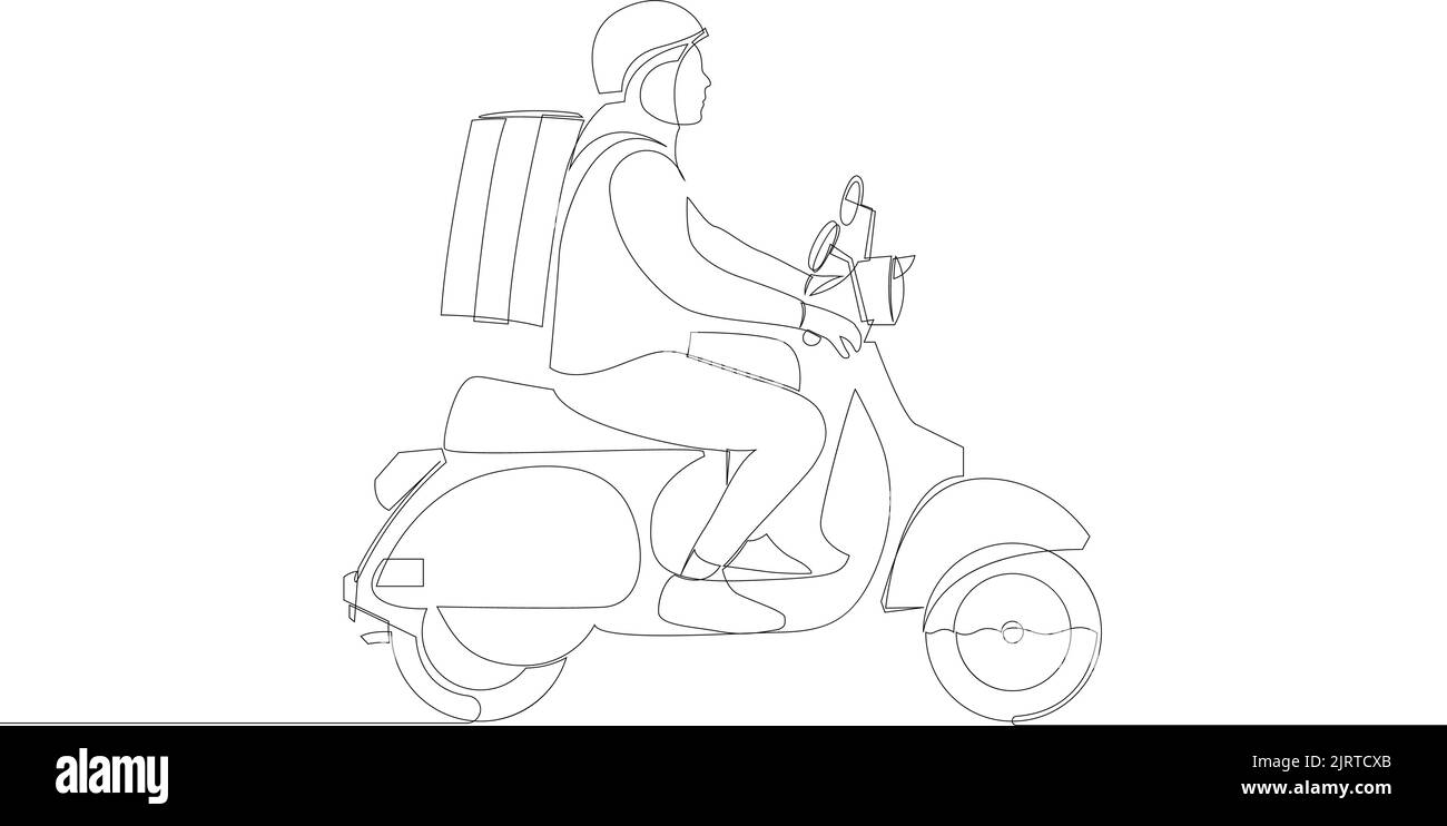Continuous line drawing of delivery man ride scooter motorcycle. One ... Continuous line drawing of delivery man ride scooter motorcycle. One ...