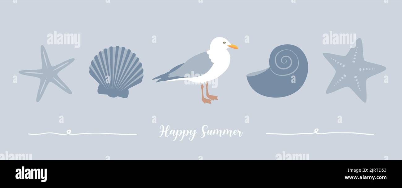 happy summer holiday banner design with gull shell and starfish Stock ...